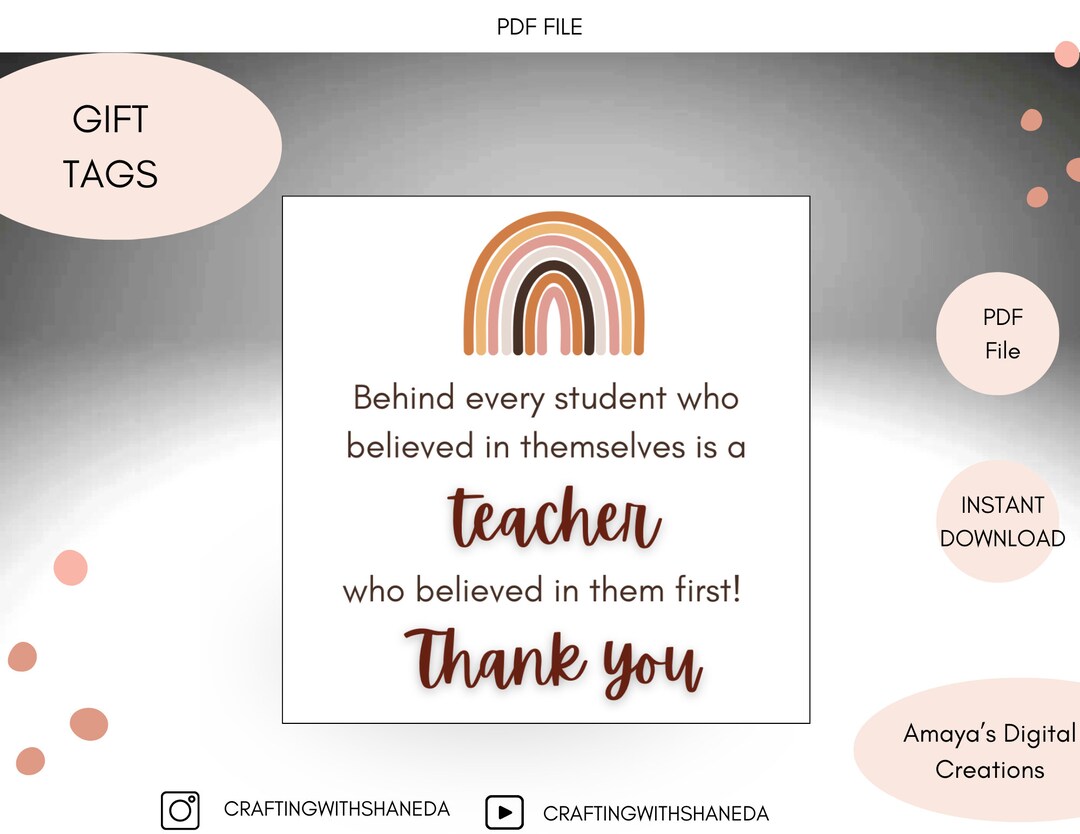 Teacher Appreciation , Printable Gift Tag, End of School Year, Digital ...