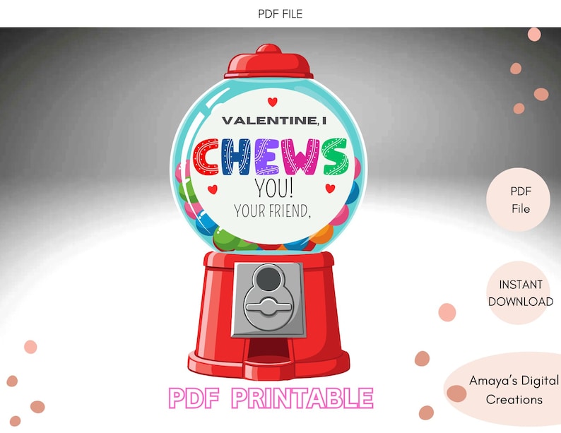 Gumball Machine Valentine Card | I Chews You Printable (PDF Download ...