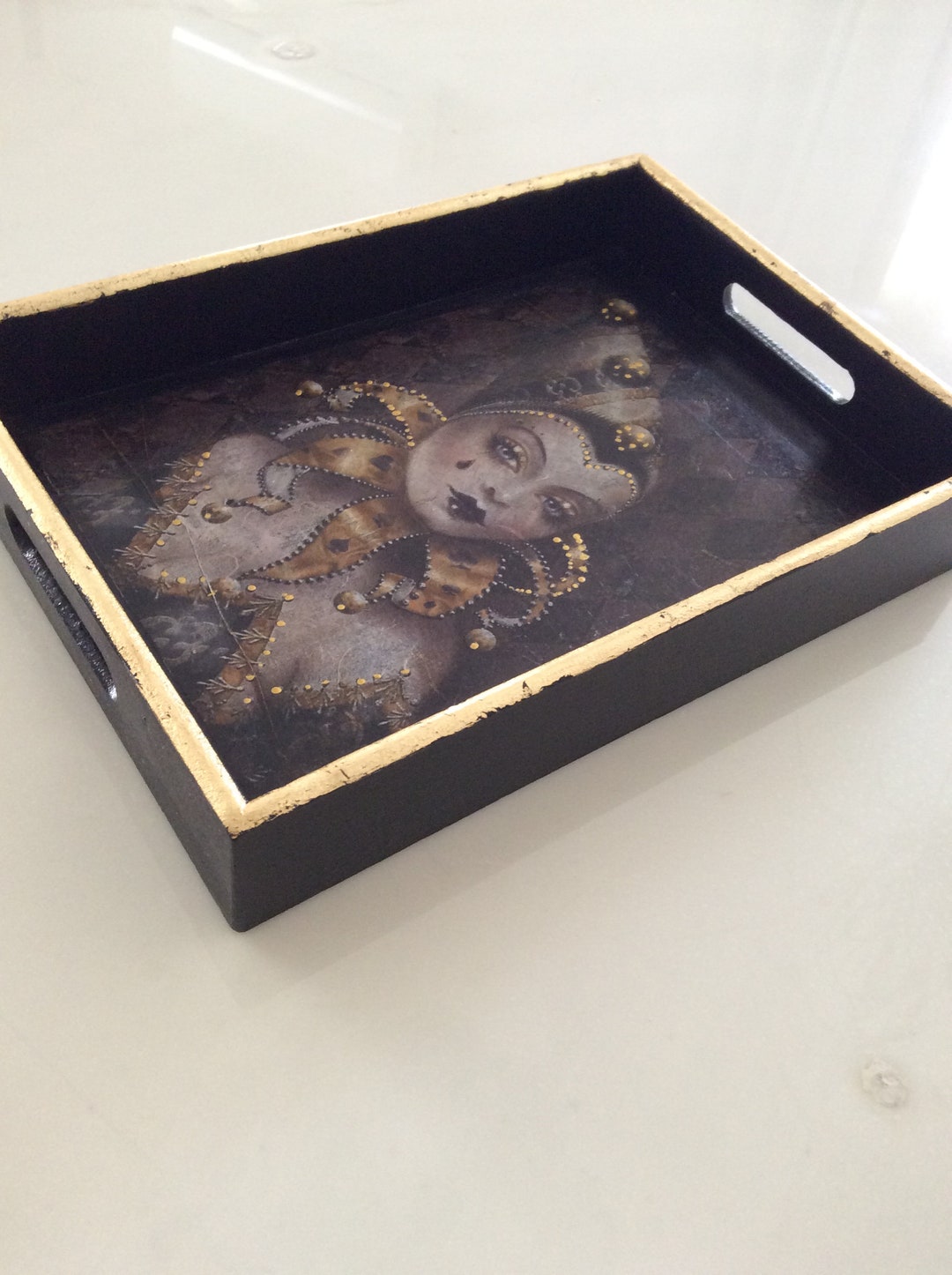 Hand Painted Modern Decoupage Table Tray With Gold Leaf Details - Etsy