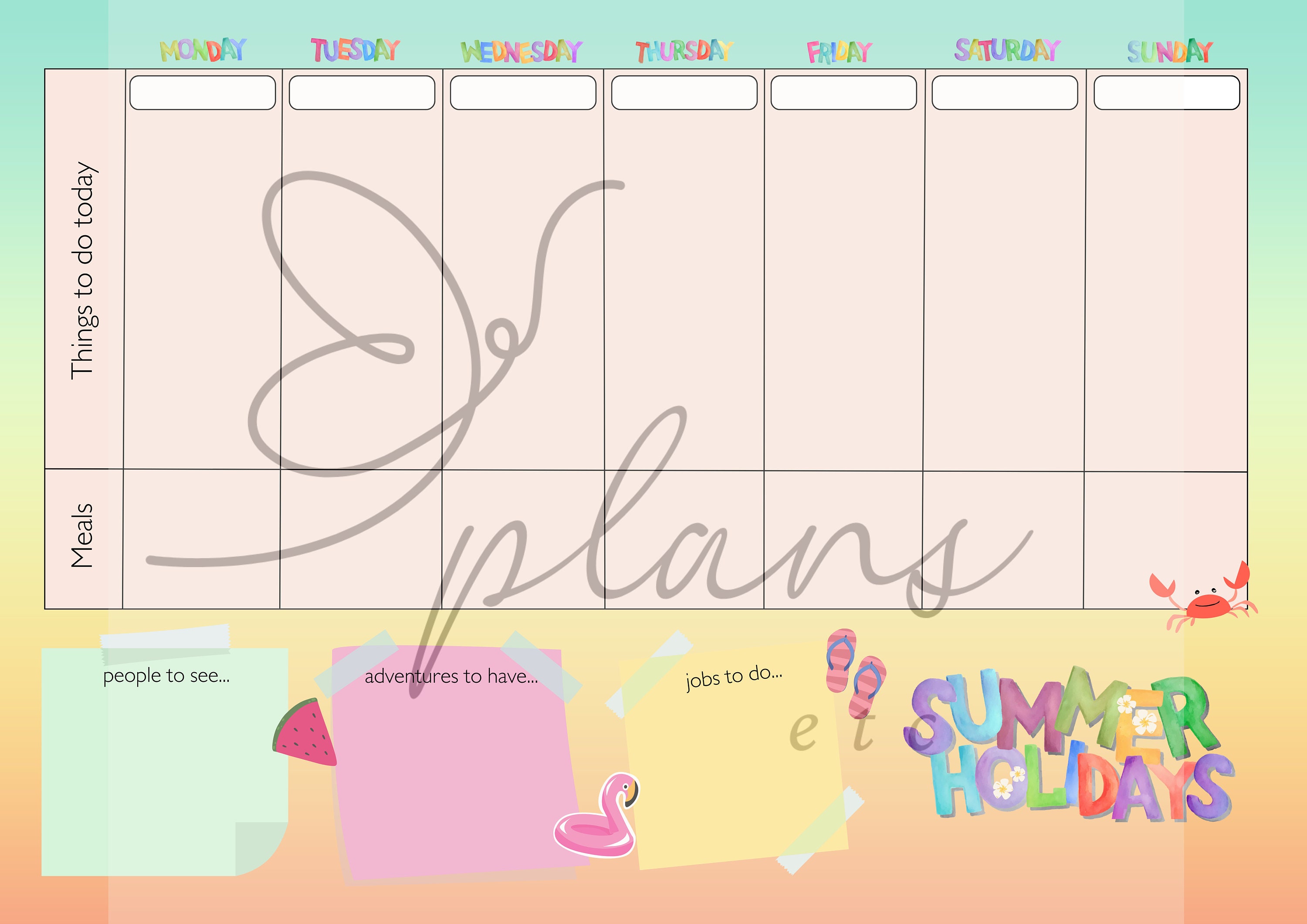 Printable Summer Holiday Weekly Planner, Summer Planner, Wall Planner ...