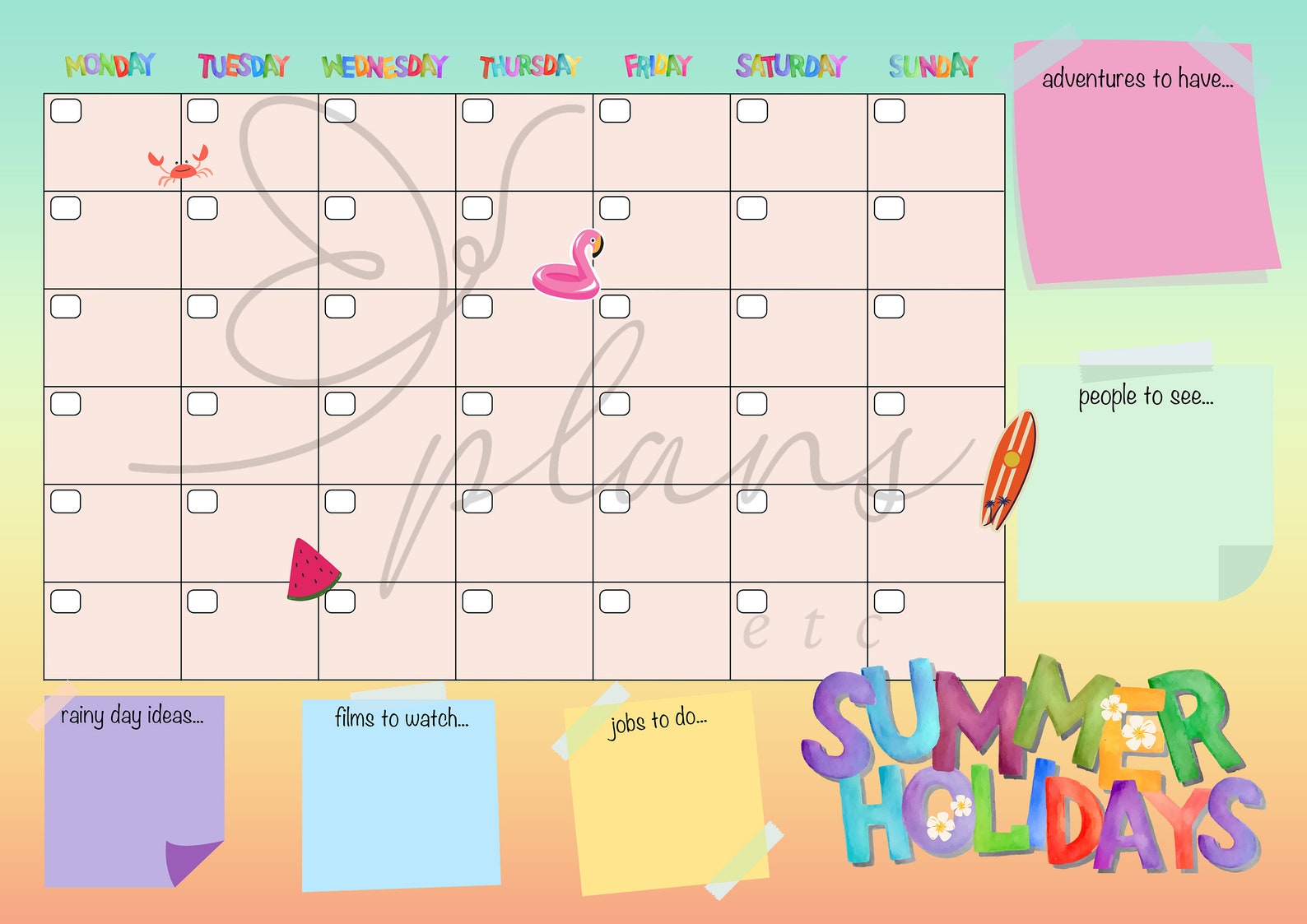 Printable Summer Holiday Planner, Summer Planner, Wall Planner ...