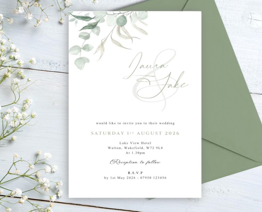 Botanical Sage Watermark Wedding Invitations Personalised, Evening ...