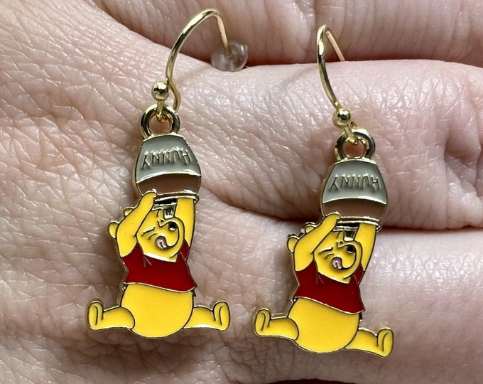 Hungry Pooh Bear With His Hunny Pot Enamel Earrings - 14K Gold Plated ...