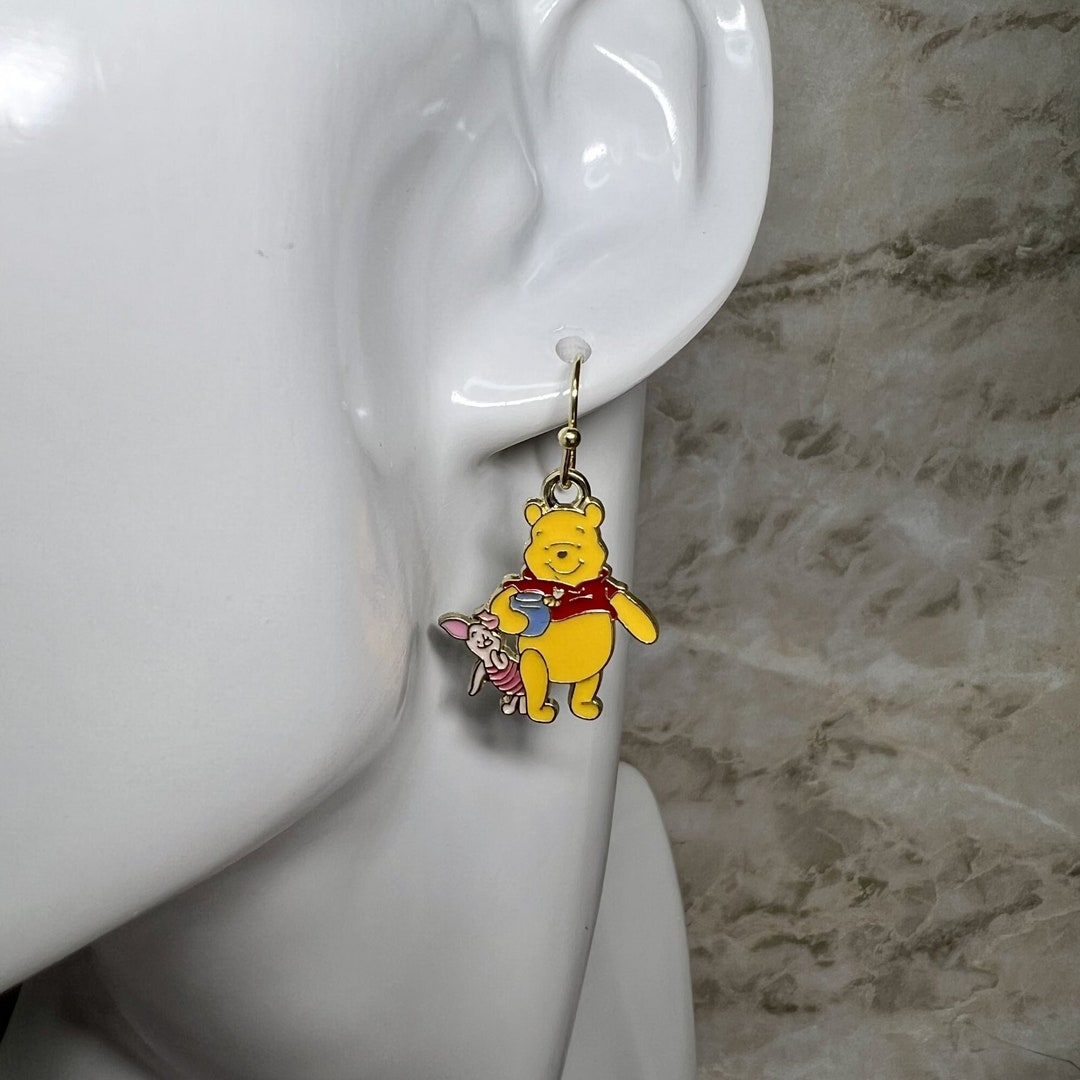 Enamel Smiling Pooh Bear and Little Piglet Friendship Earrings - 14K ...