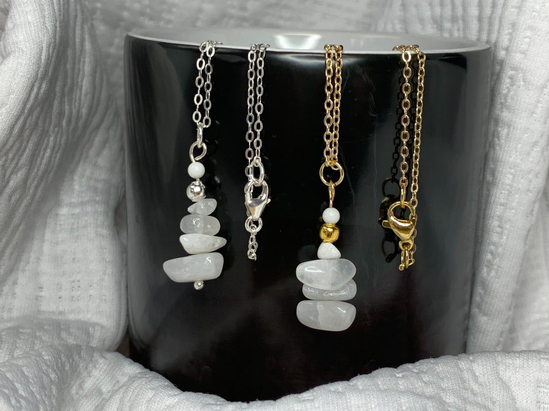 White Alabaster Necklace - Small Natural Stone, Art Pendant on Thin ...