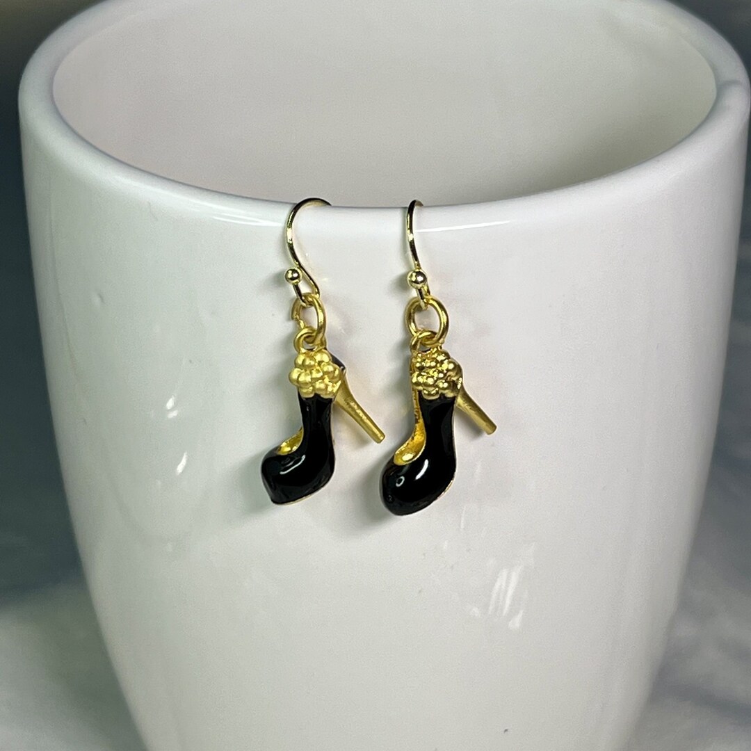 Black Stiletto High Heel Drop Earrings With Gold Heel Detail - Shiny ...