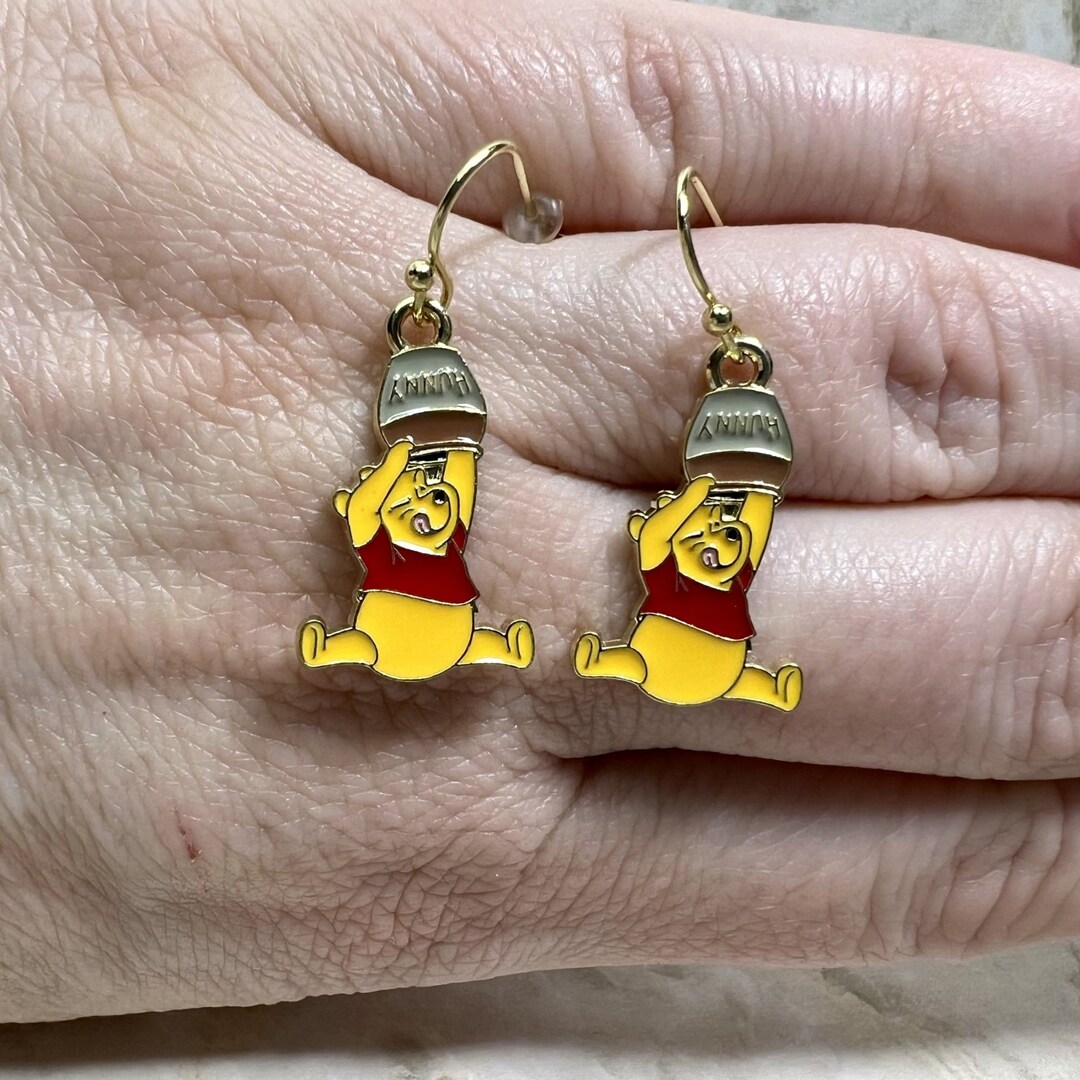 Hungry Pooh Bear With His Hunny Pot Enamel Earrings 14K Gold Plated or ...