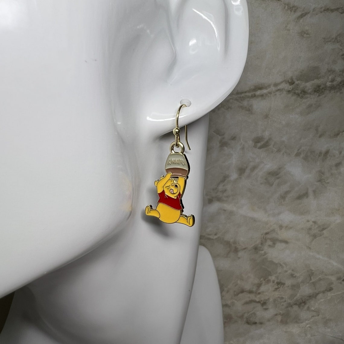 Hungry Pooh Bear With His Hunny Pot Enamel Earrings 14K Gold Plated or ...
