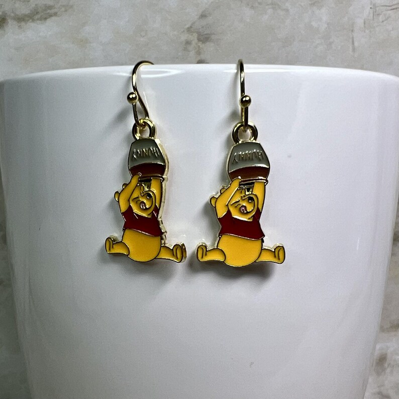 Hungry Pooh Bear With His Hunny Pot Enamel Earrings 14K Gold Plated or ...