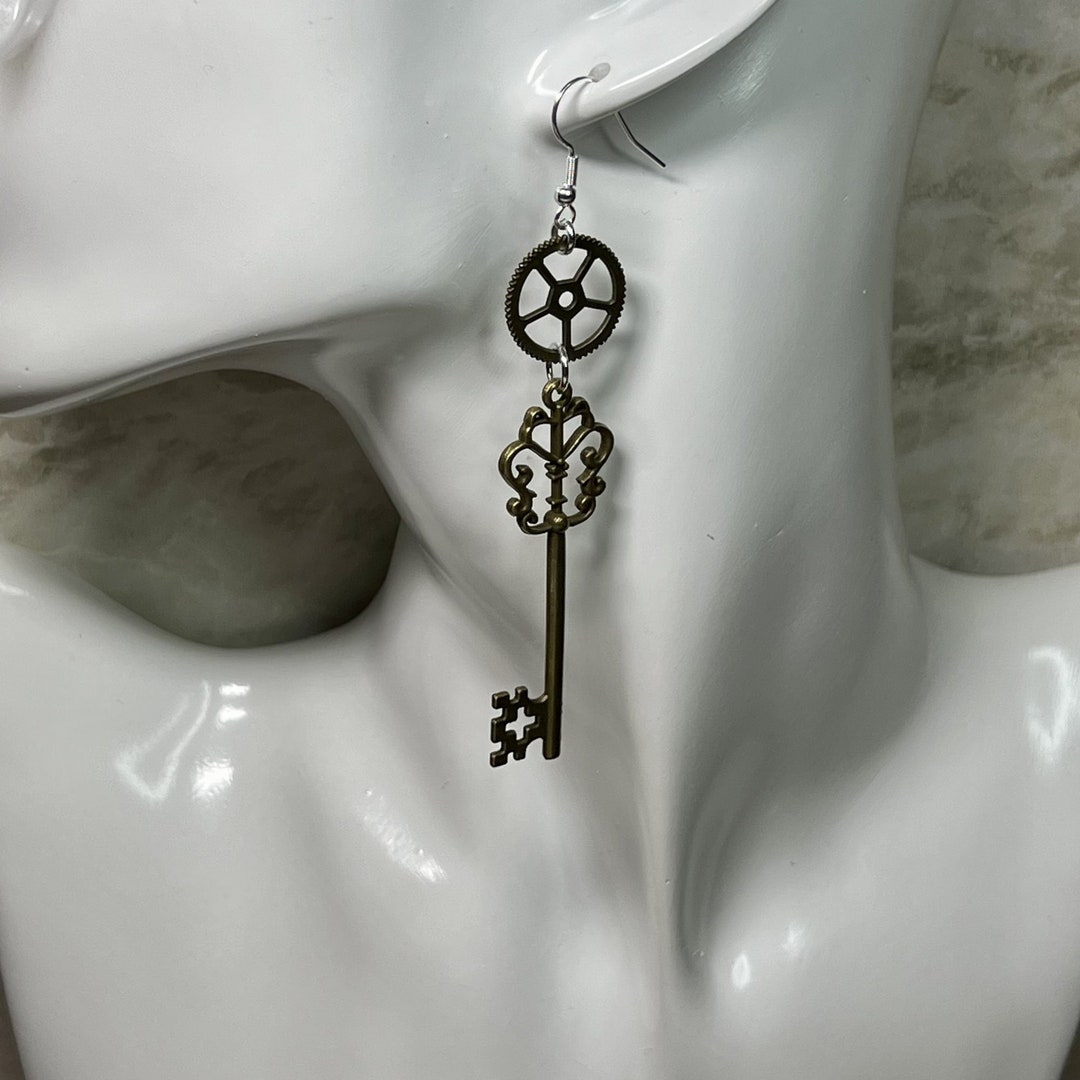 Double-sided Crown Bronze Steampunk Earrings With Gears and Swirl Keys ...