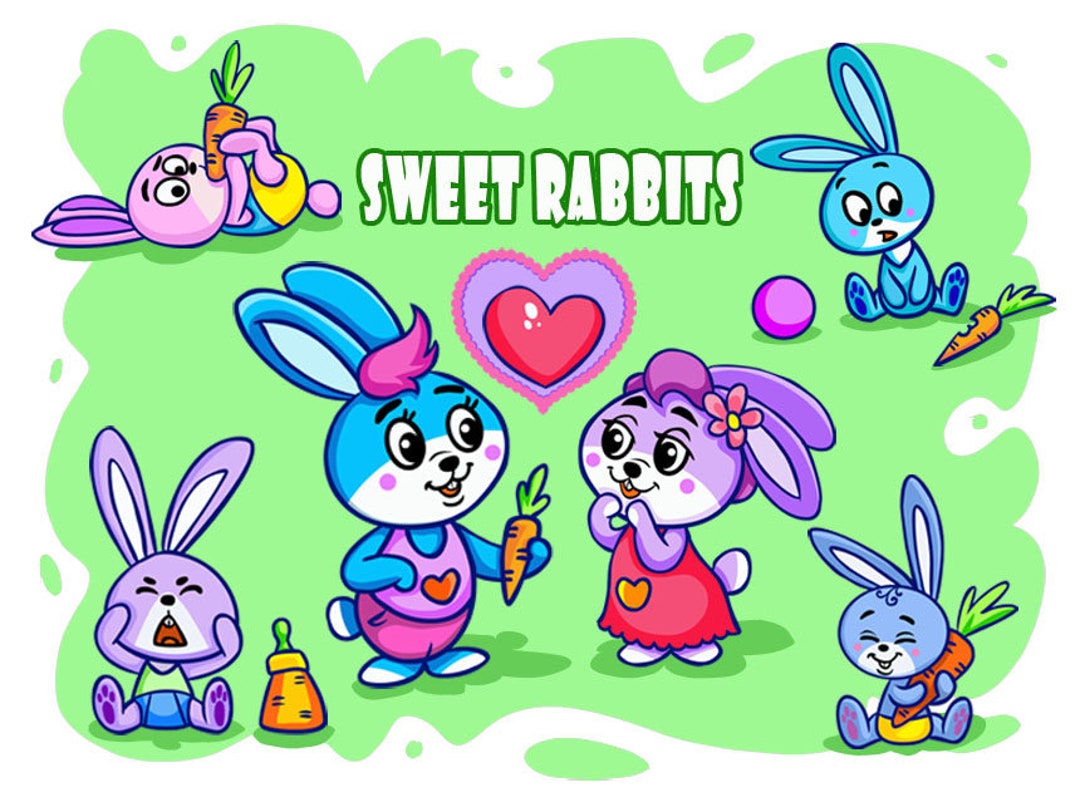 Rabbit Clipart, Cute Rabbit Clipart Set Vector Clips Instant Download ...