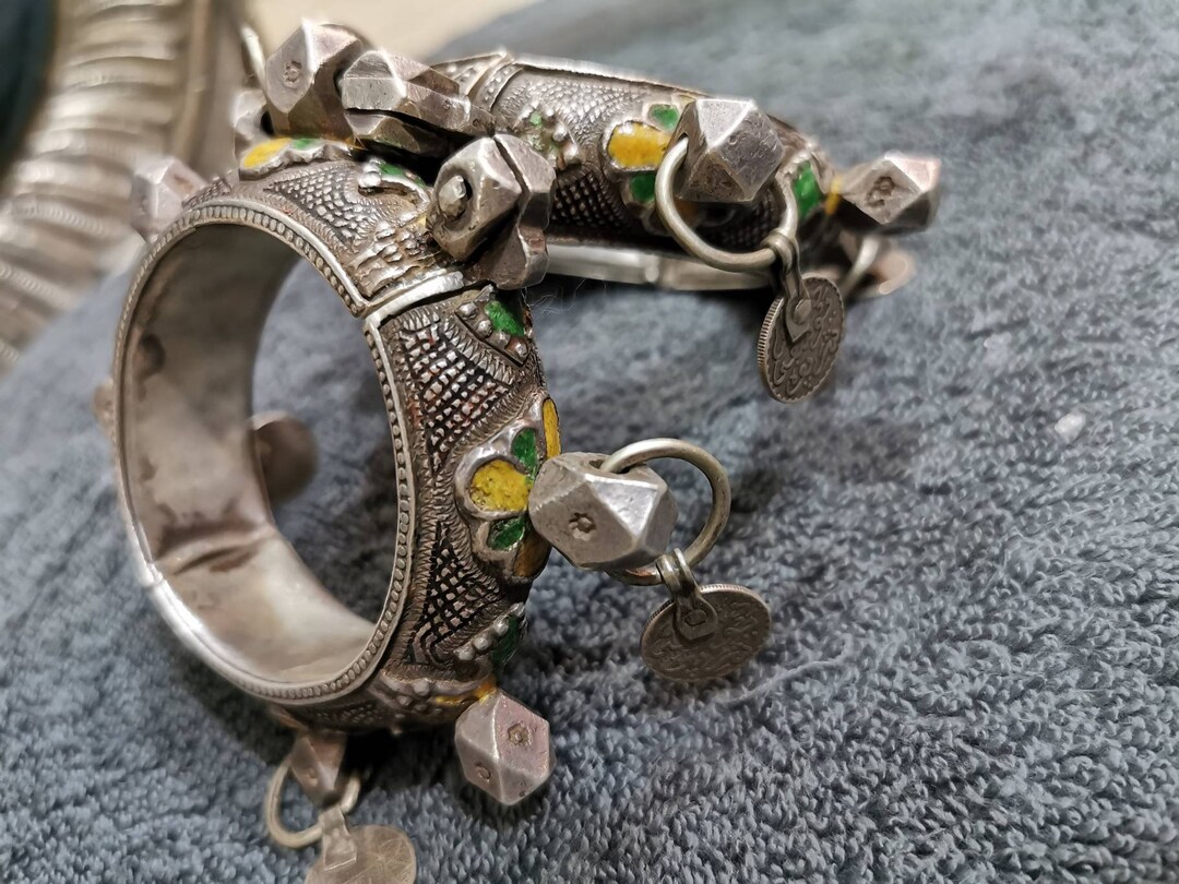 Rare Pair of Silver Bracelets, Inlaid With Green and Yellow Enamels ...