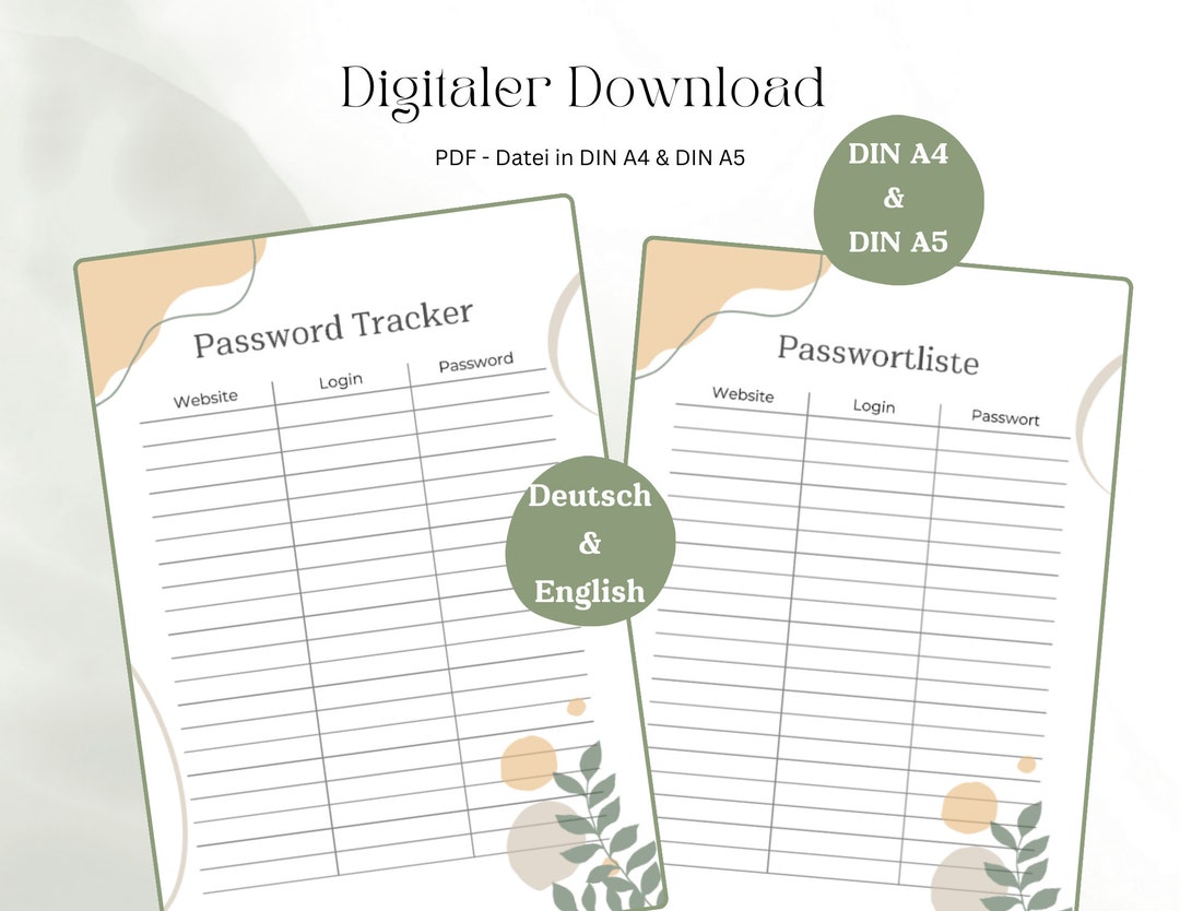 Password Tracker, Password List, German and English, DIN A4, DIN A5 ...