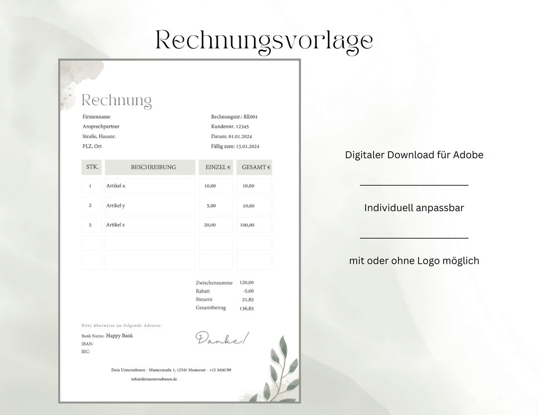 Invoice Template Digital & Customizable, Adobe, With or Without Logo ...