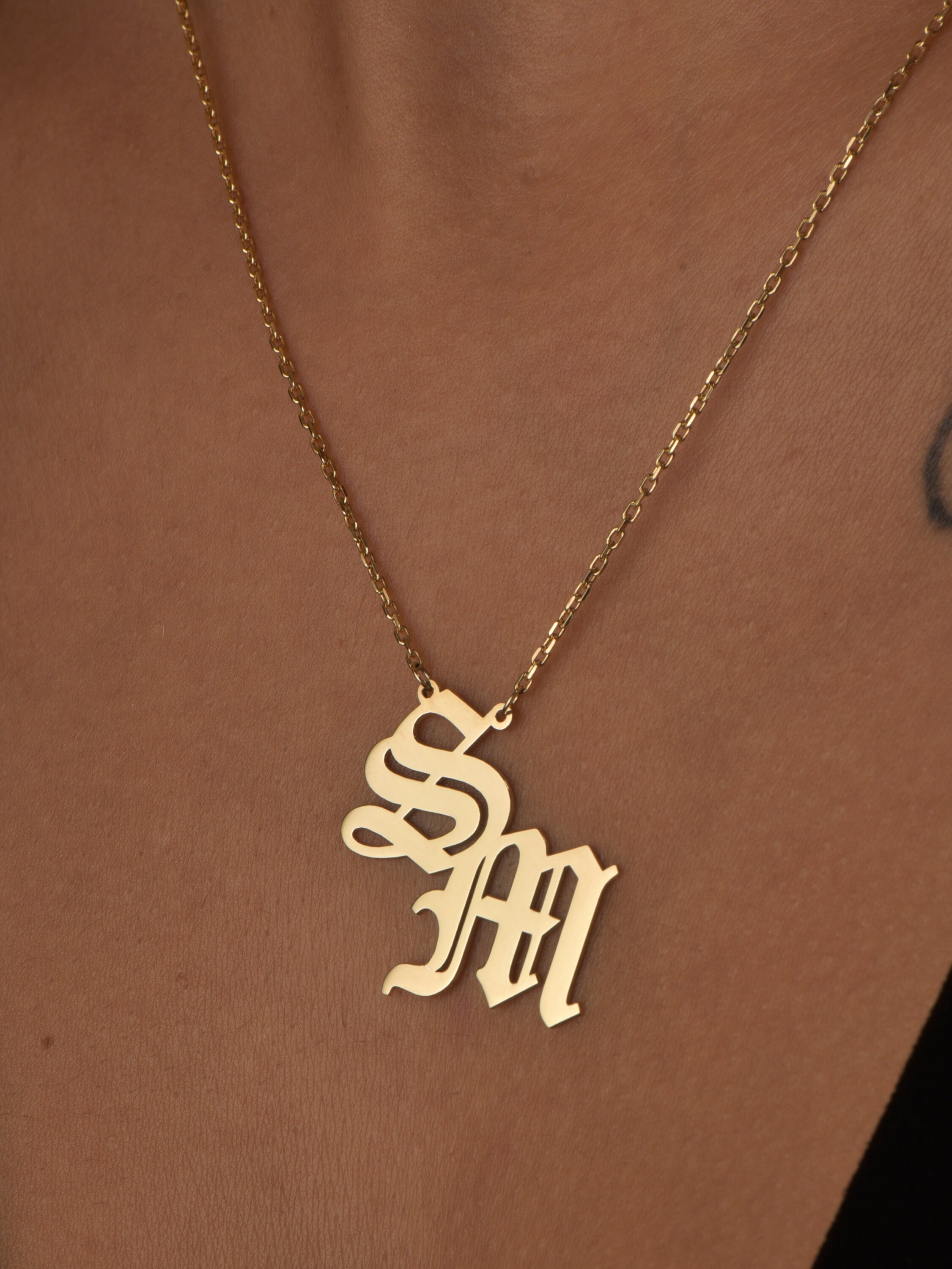 Double Initial Necklace Old English Initial Necklace Old | Etsy