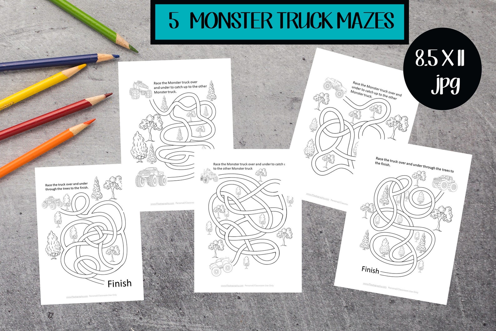 Five Monster Truck Mazes, Colouring Pages, Sheets, for Children, Trucks ...