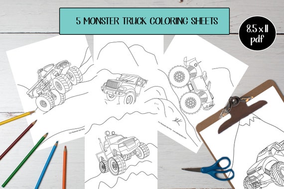 Five Monster Truck Coloring Pages Colouring Pages Sheets | Etsy