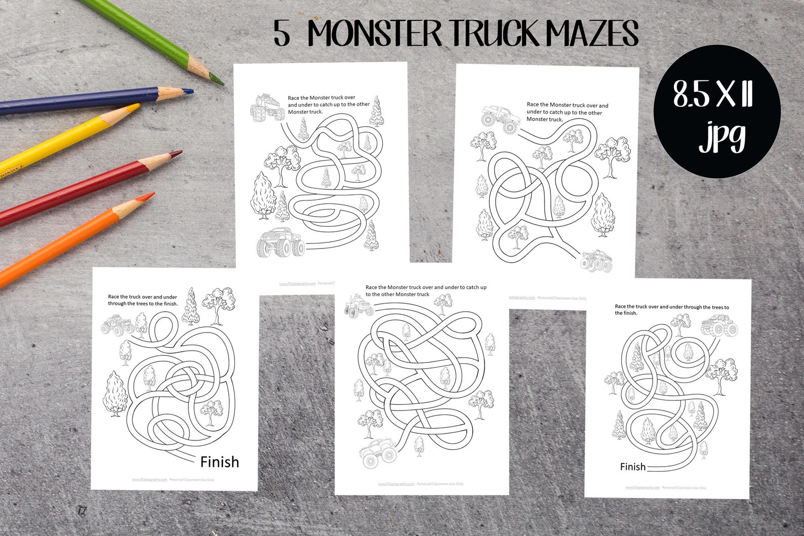 Five Monster Truck Mazes, Colouring Pages, Sheets, for Children, Trucks ...