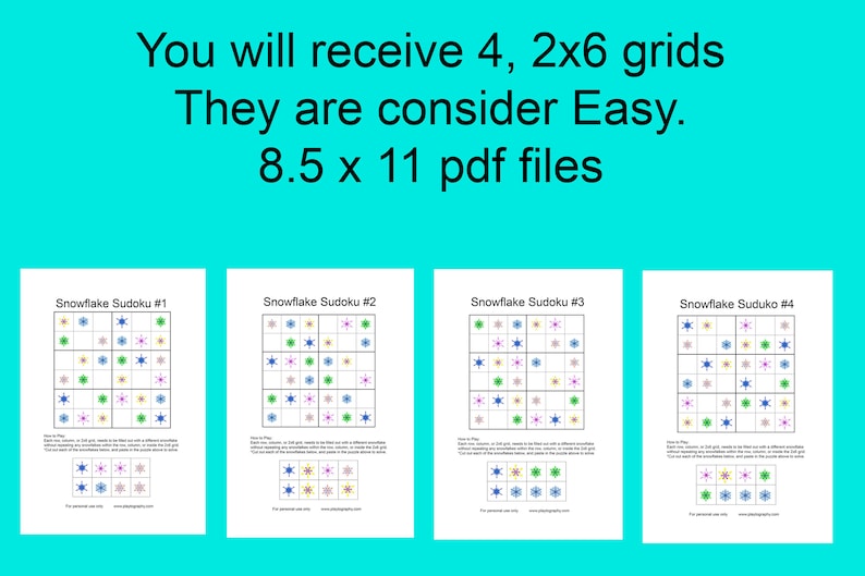 4 Assorted Snowflake Sudoku 2x6 Grid Kids, Easy Level. Printable ...