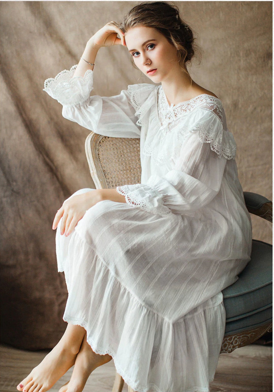 Cotton Victorian Nightgown White Long French Nightgown Women Lace ...