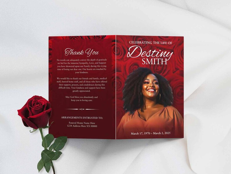 8 Page Funeral Program Template, Red Rose Obituary Memorial Program ...