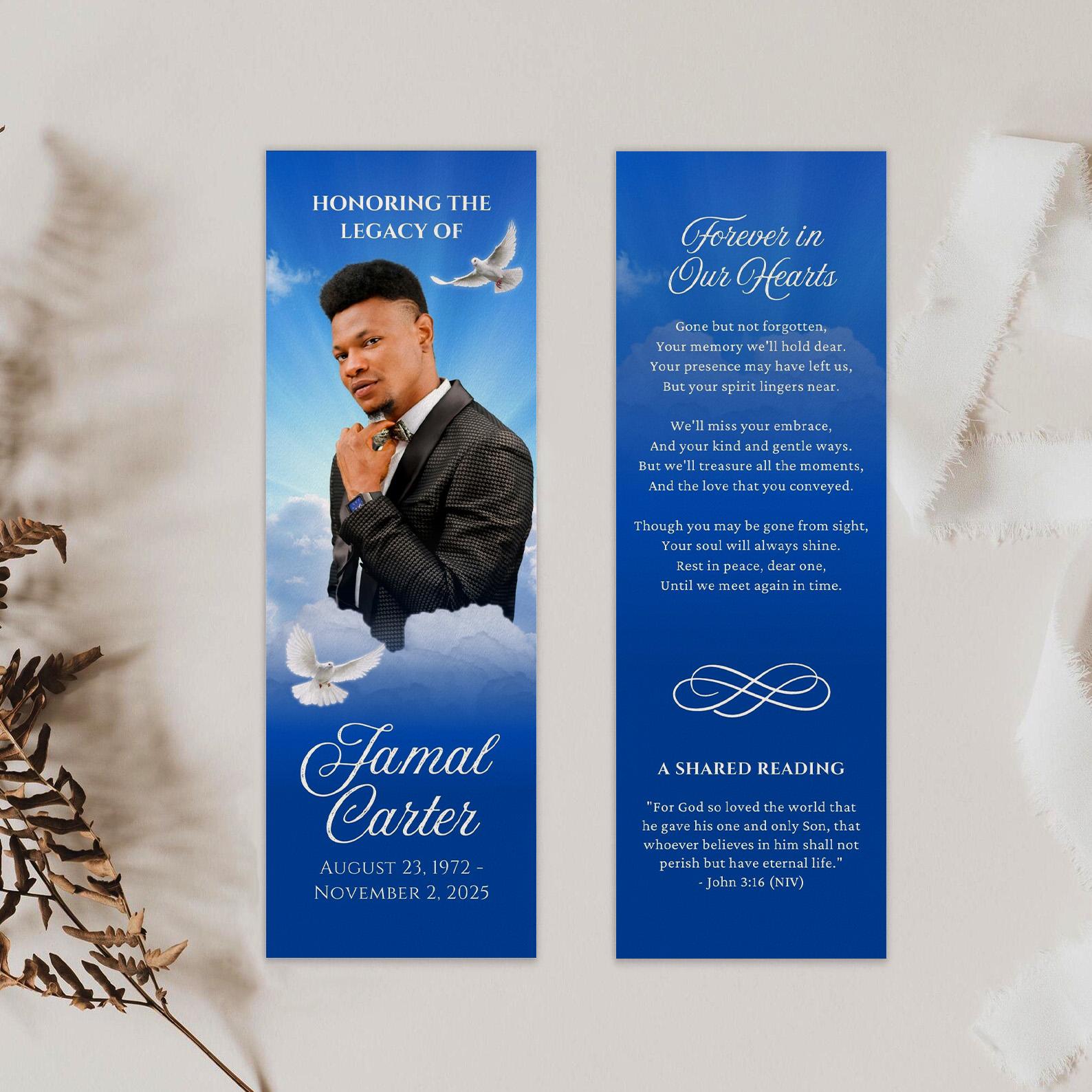 Memorial Bookmark Printable Template, Editable Canva Funeral Bookmark ...