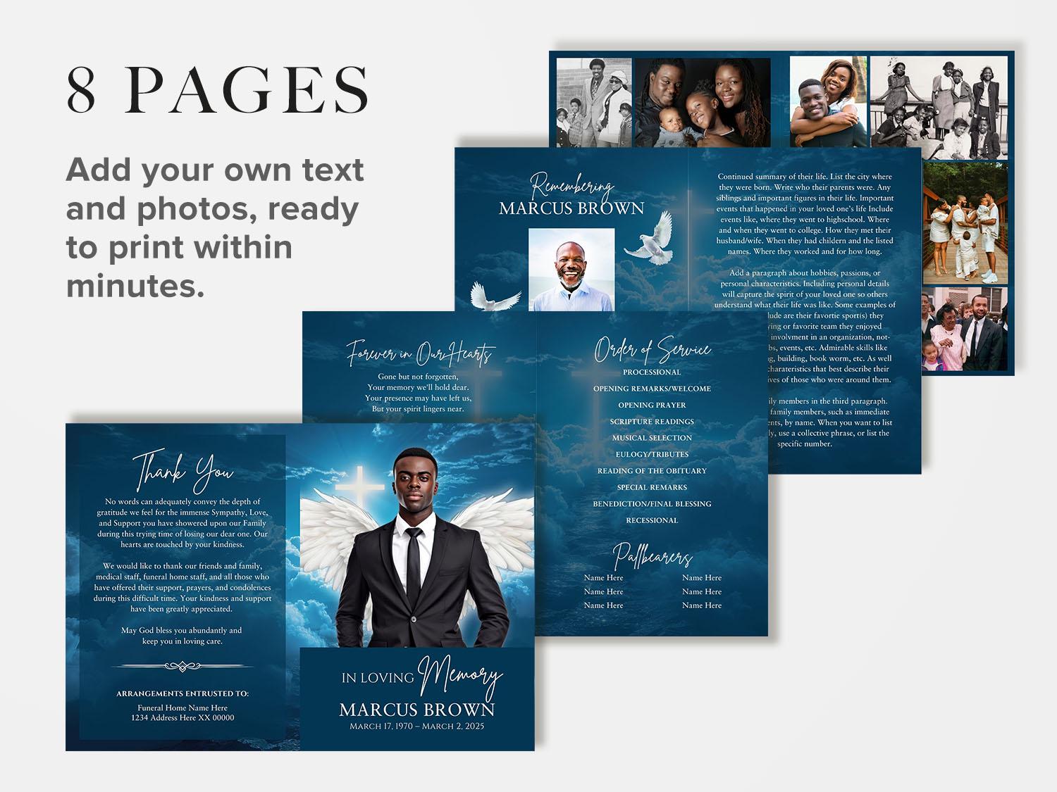 8 Page Funeral Program Template, Heavenly Angel Obituary Memorial ...