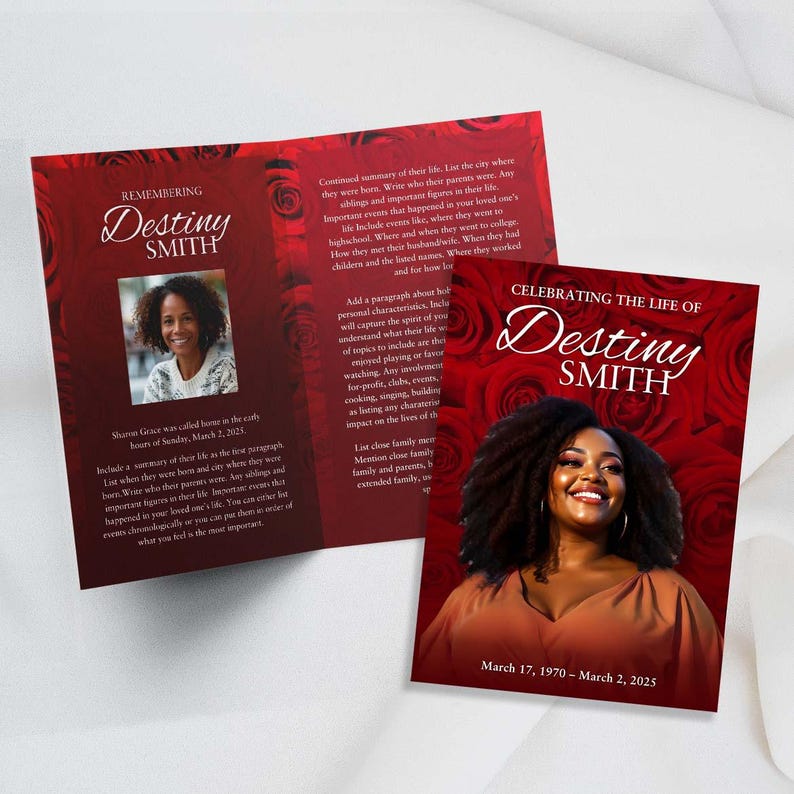 8 Page Funeral Program Template, Red Rose Obituary Memorial Program ...