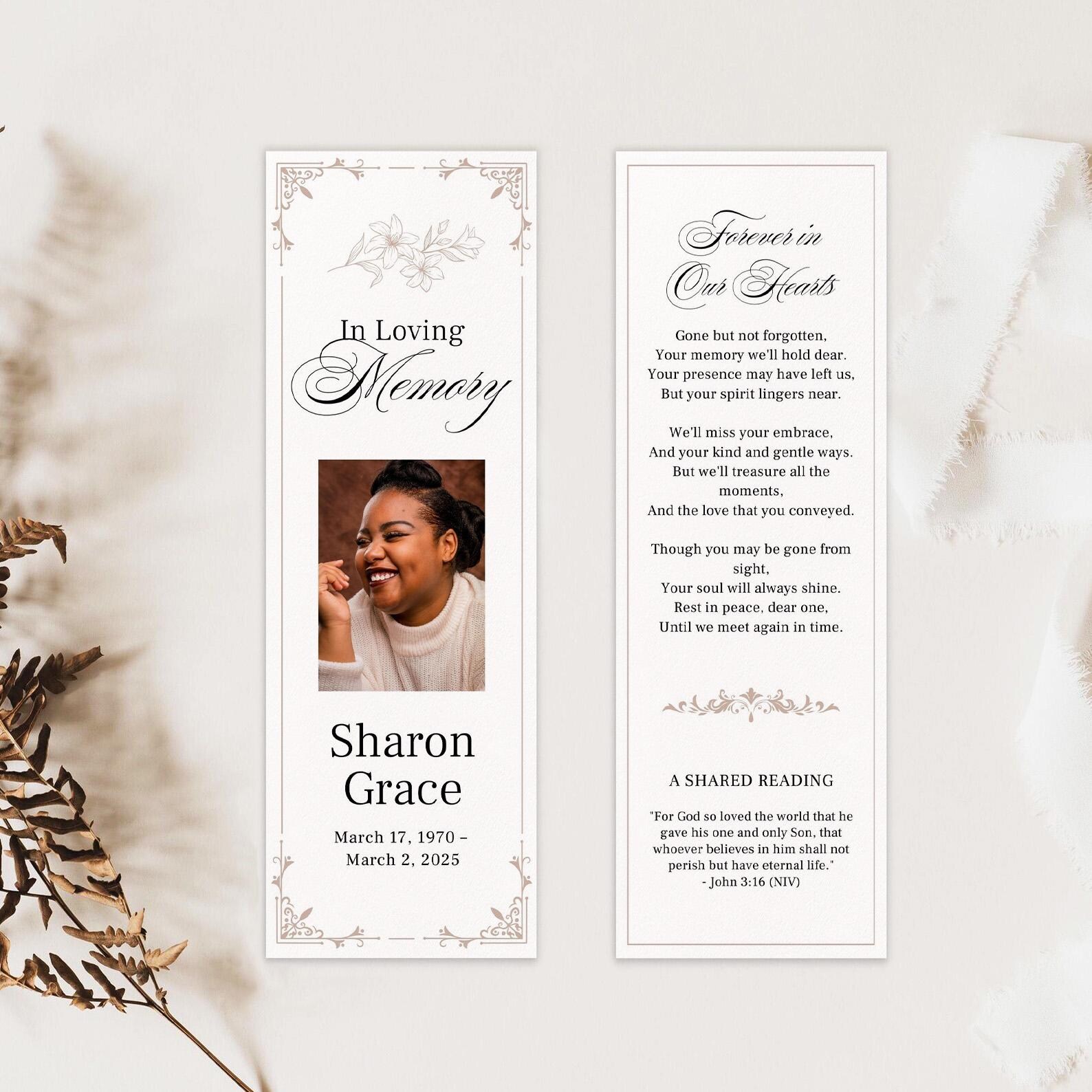 Memorial Bookmark Printable Template, Editable Canva Funeral Bookmark ...