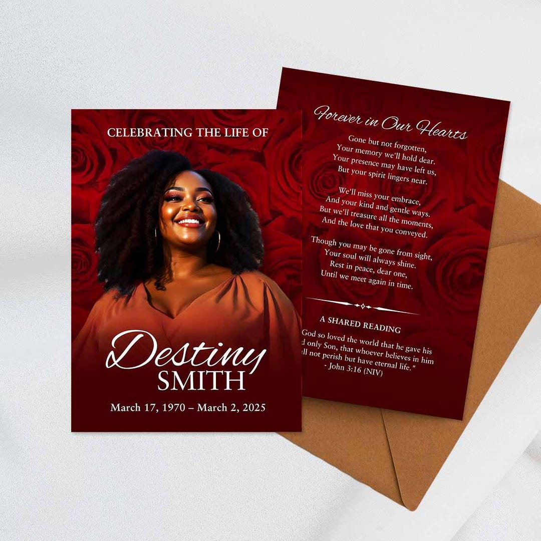 Red Rose, Prayer Card Template, Editable Canva Obituary Memorial ...
