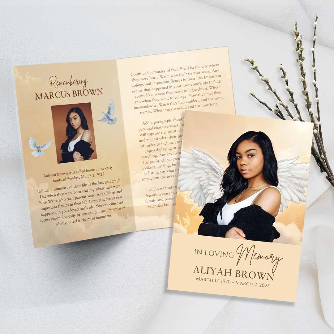 8 Page Funeral Program Template, Golden Heavenly Angel Obituary ...