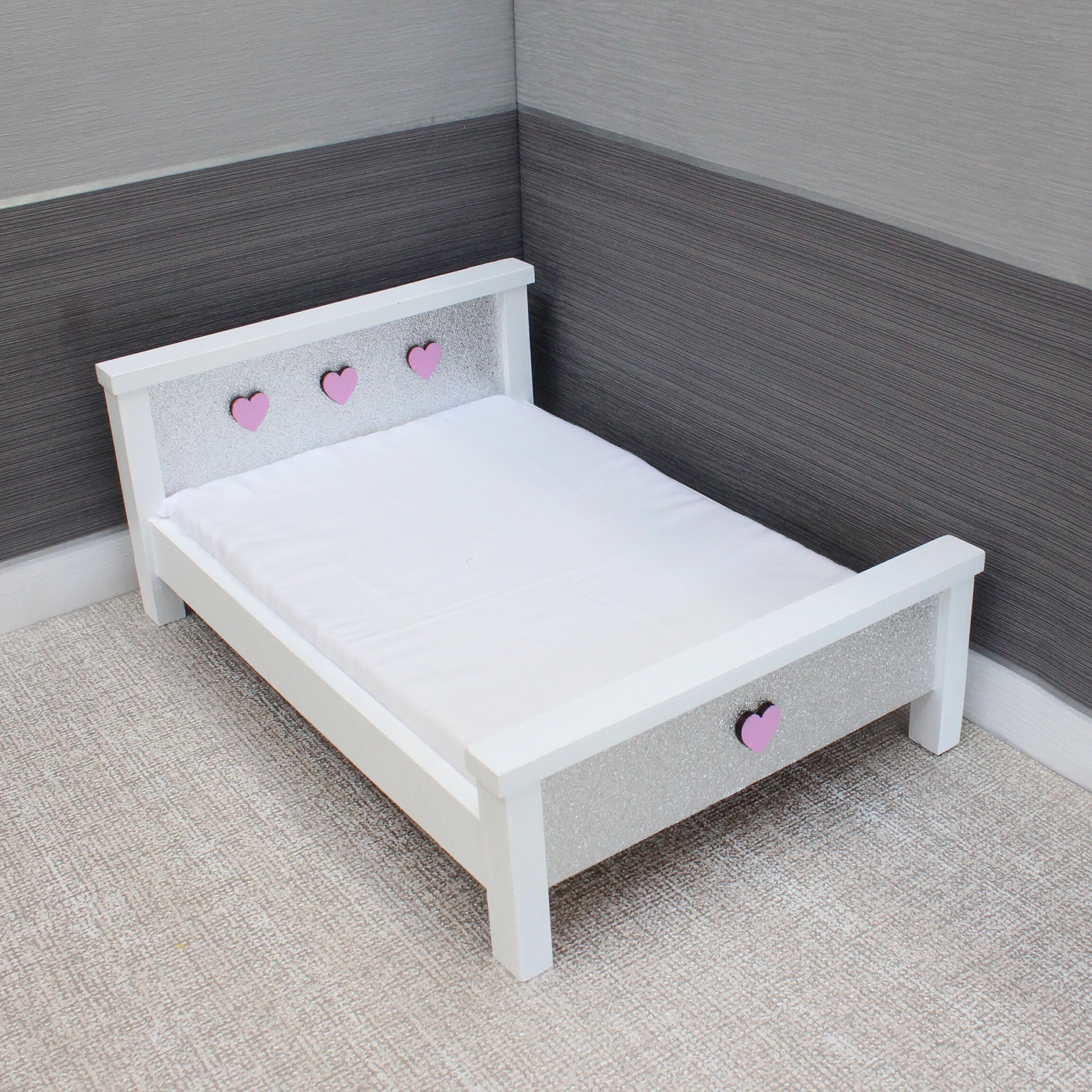 1:6 Scale Double Bed for 12 Inch Doll White and Silver With Hearts ...
