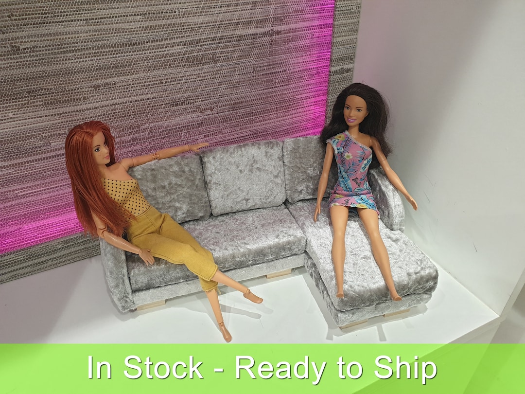 Sofa and Chaise Lounge Silver Fits Barbie Size Doll House Furniture 1:6 ...