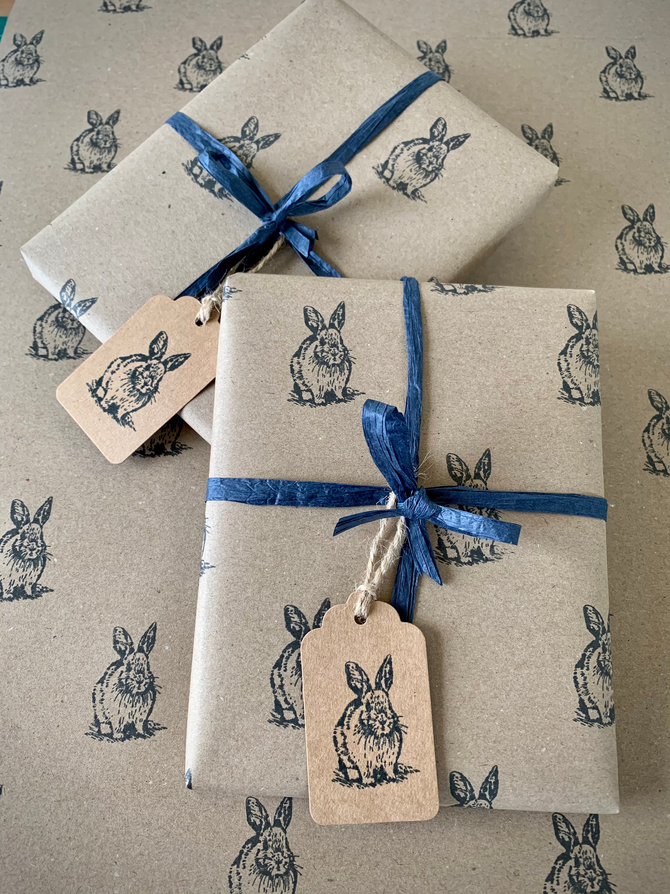 Rustic Hand Stamped Bunny Rabbit Gift Wrap Set. Suitable for Birthdays ...