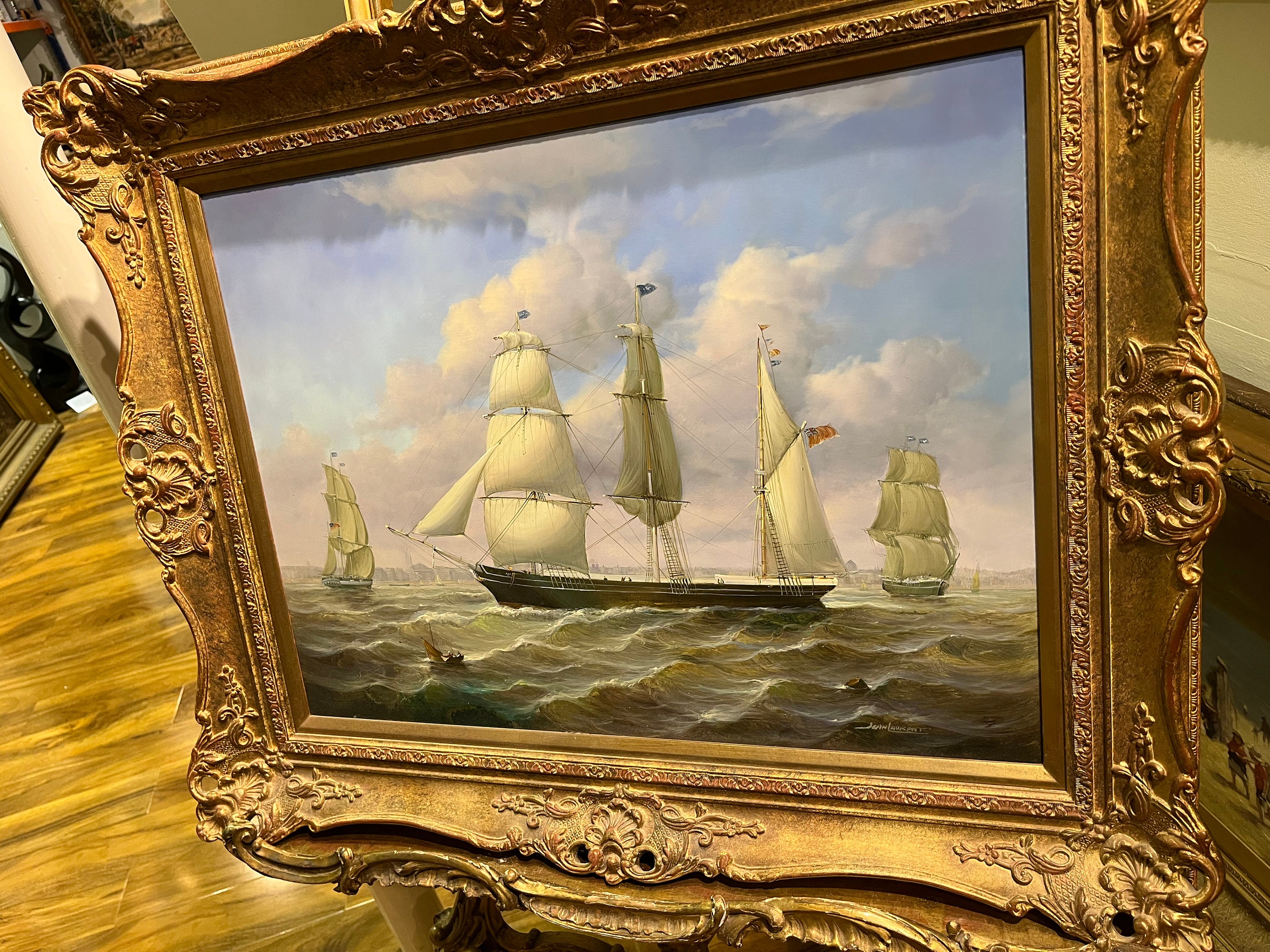 LARGE OIL PAINTING by Jean Laurent B1950 Beautiful Sailing Boat off the ...