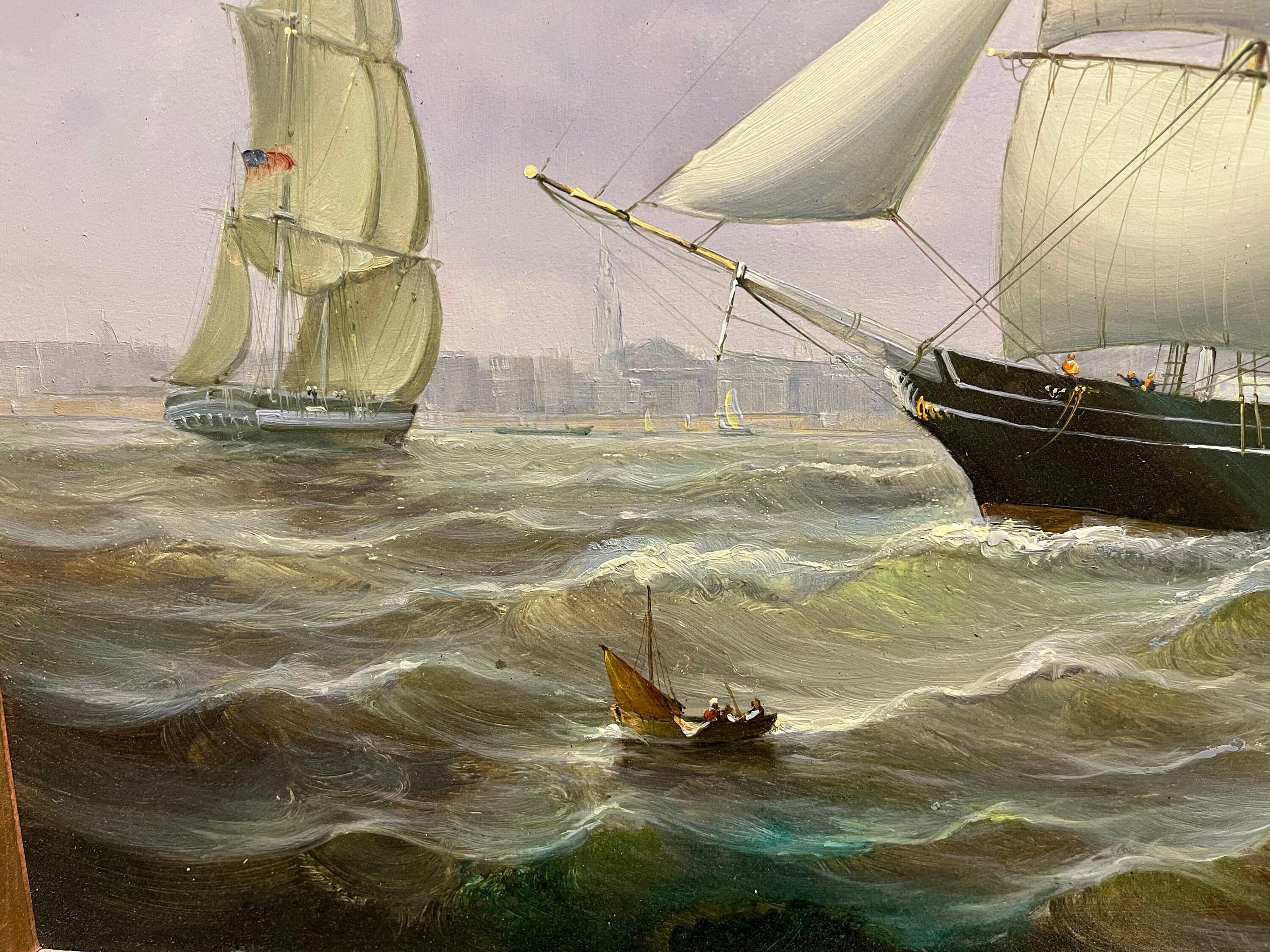 LARGE OIL PAINTING by Jean Laurent B1950 Beautiful Sailing Boat off the ...