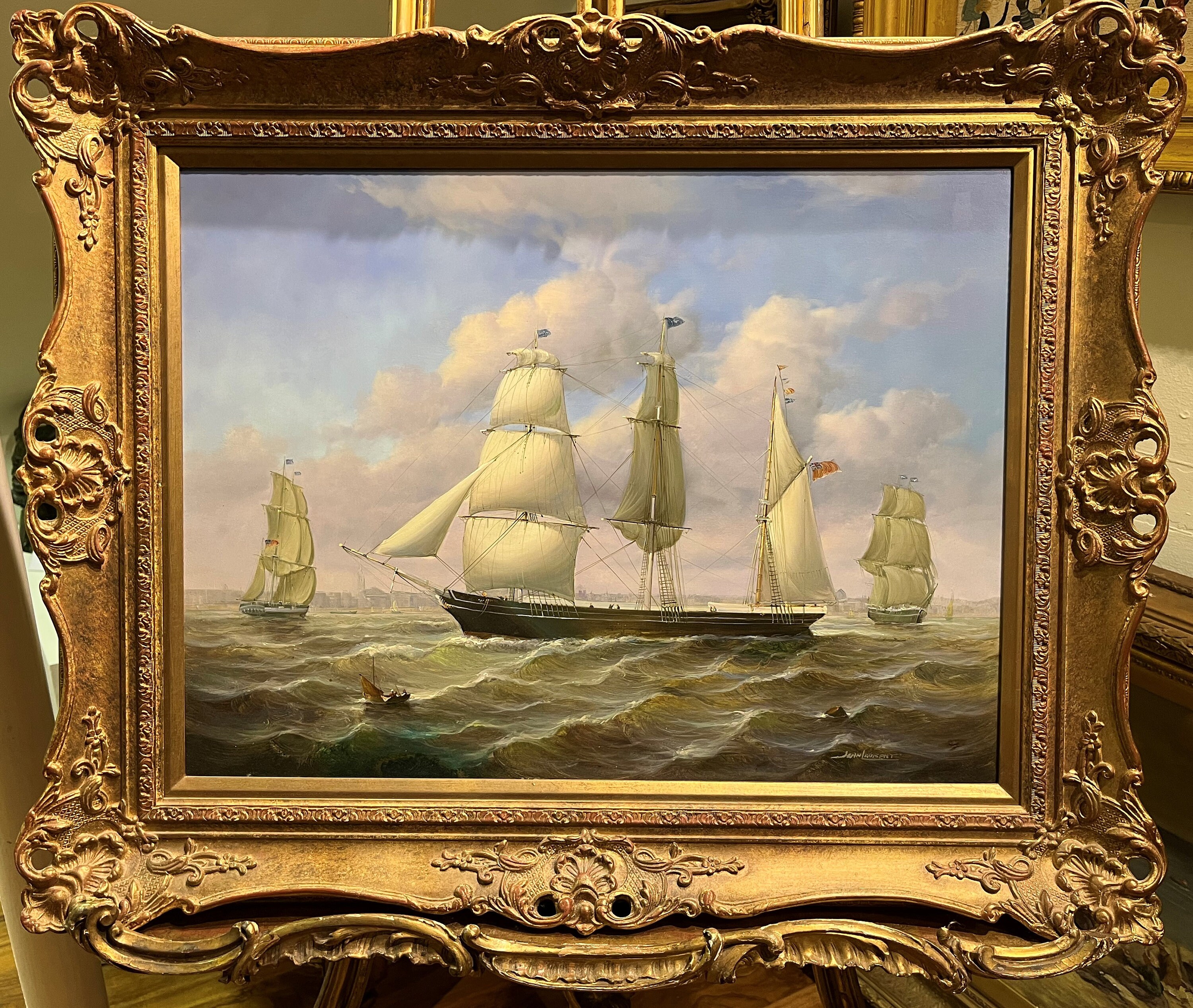 LARGE OIL PAINTING by Jean Laurent B1950 Beautiful Sailing Boat off the ...