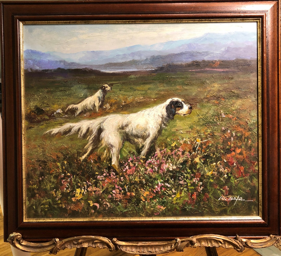 ORIGINAL FINE Dogs Running in a Field Scene Mid 20th Century by ...