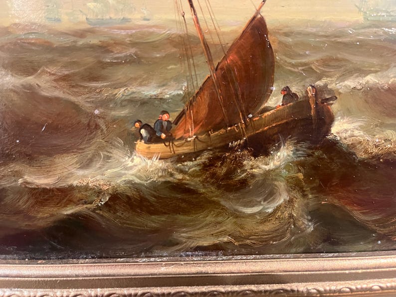 LARGE OIL PAINTING by Jean Laurent B1950 Beautiful Navel Man of War Engagement Old Master Style ...