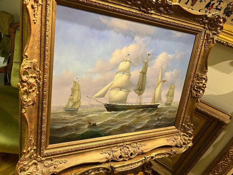 LARGE OIL PAINTING by Jean Laurent B1950 Beautiful Sailing Boat off the Coast Old Master Style ...