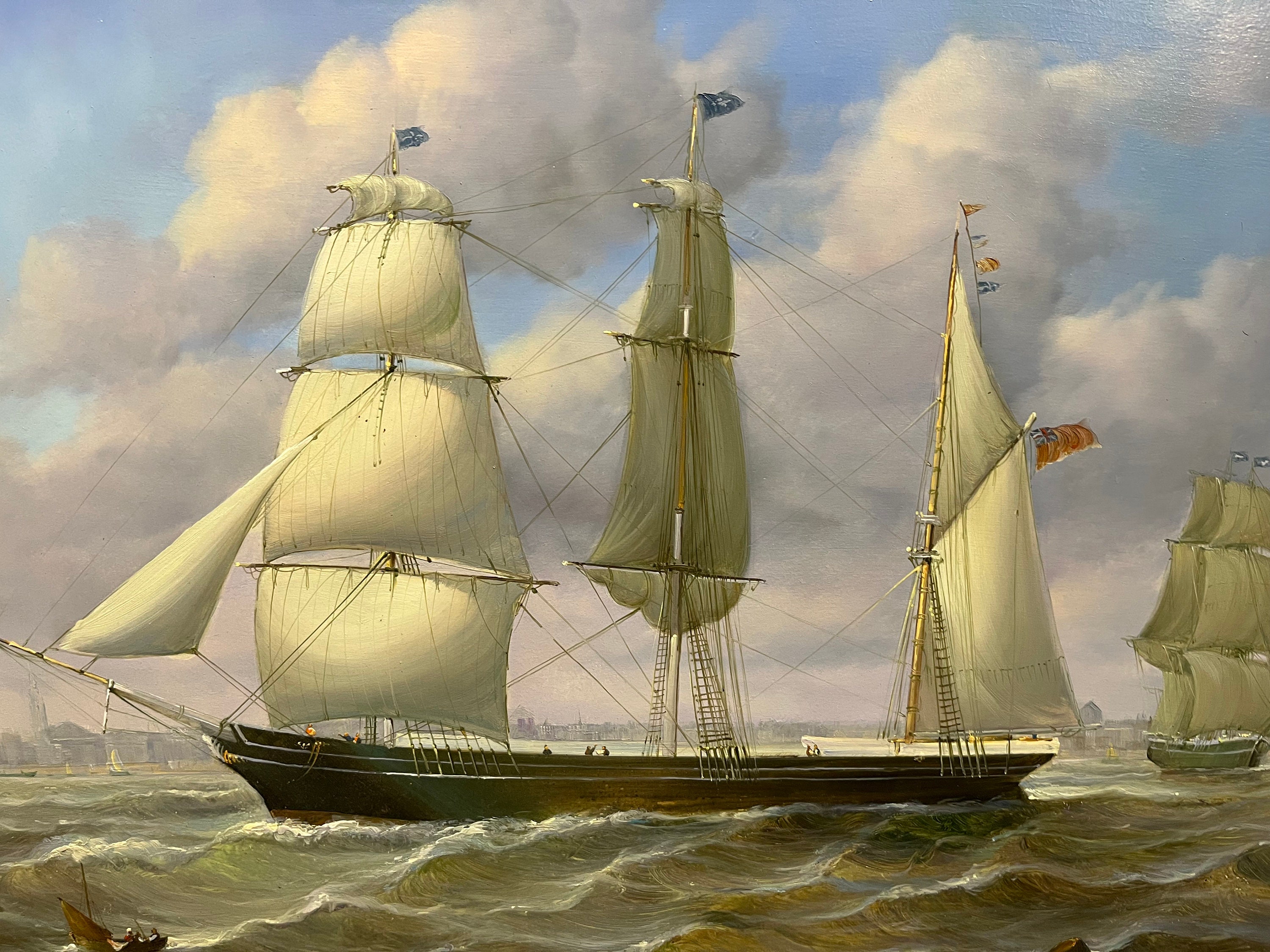 LARGE OIL PAINTING by Jean Laurent B1950 Beautiful Sailing Boat off the ...