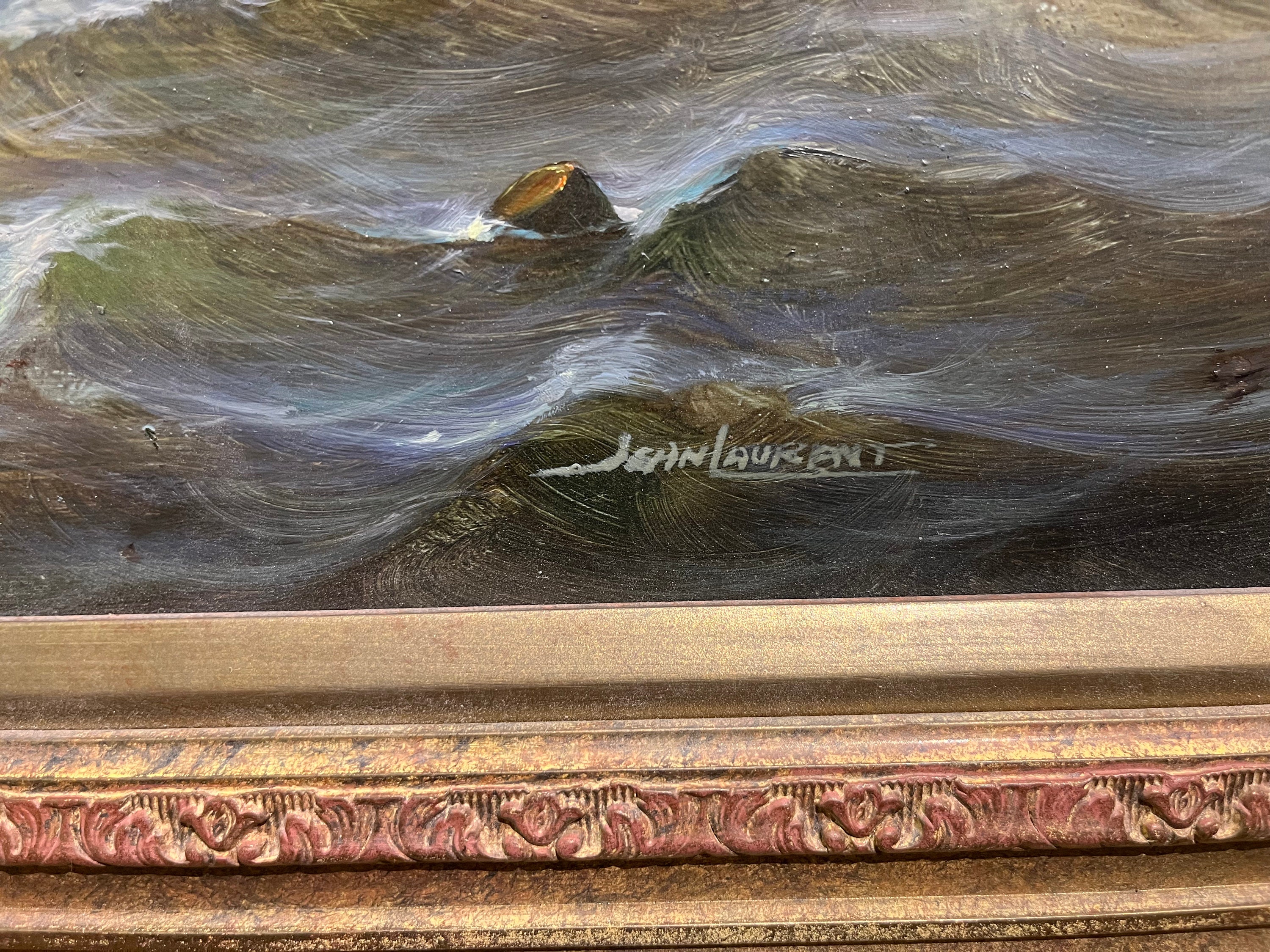 LARGE OIL PAINTING by Jean Laurent B1950 Beautiful Sailing Boat off the ...