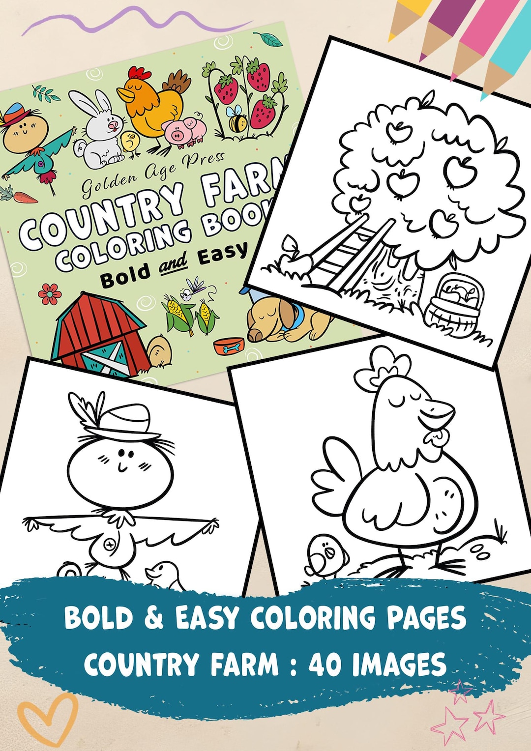 Country Farm Bold & Easy Coloring Pages: Simple Adult Colouring Book ...