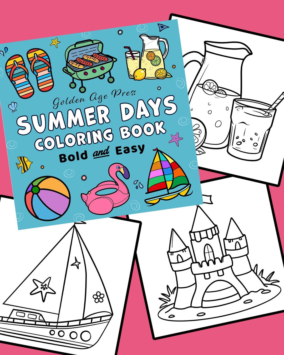 Summer Beach Coloring Book: 40 Bold & Easy Pages for Adults and Kids ...