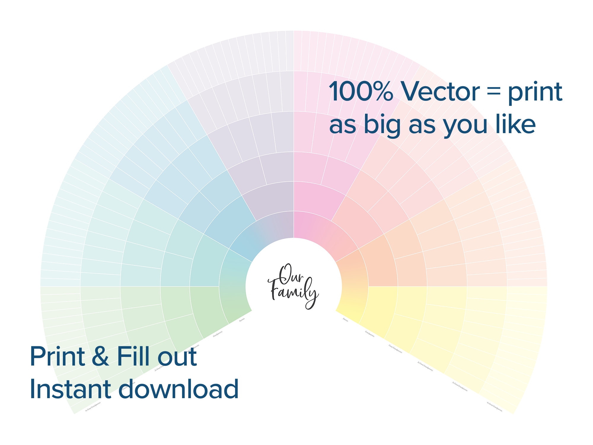 Family Tree Art Blank Fan Chart Instant Download Ready to Print Vector ...