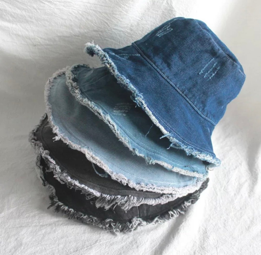 Denim Bucket Hat, Unisex Bucket Hat, Fishermans Hat, Raw Edges Bucket ...