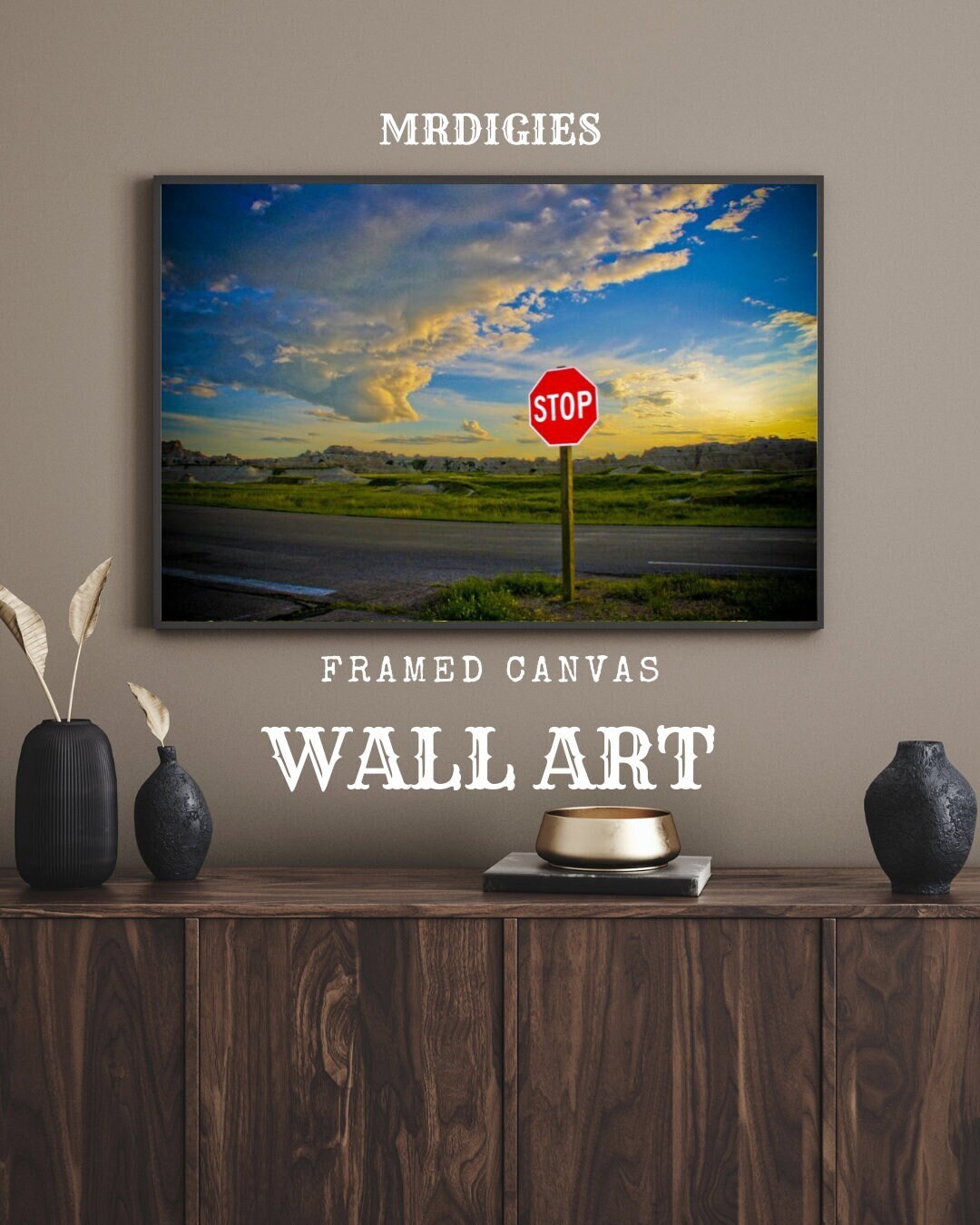 South Dakota Sunset Stop Sign Framed Canvas Print | Dramatic Sky ...