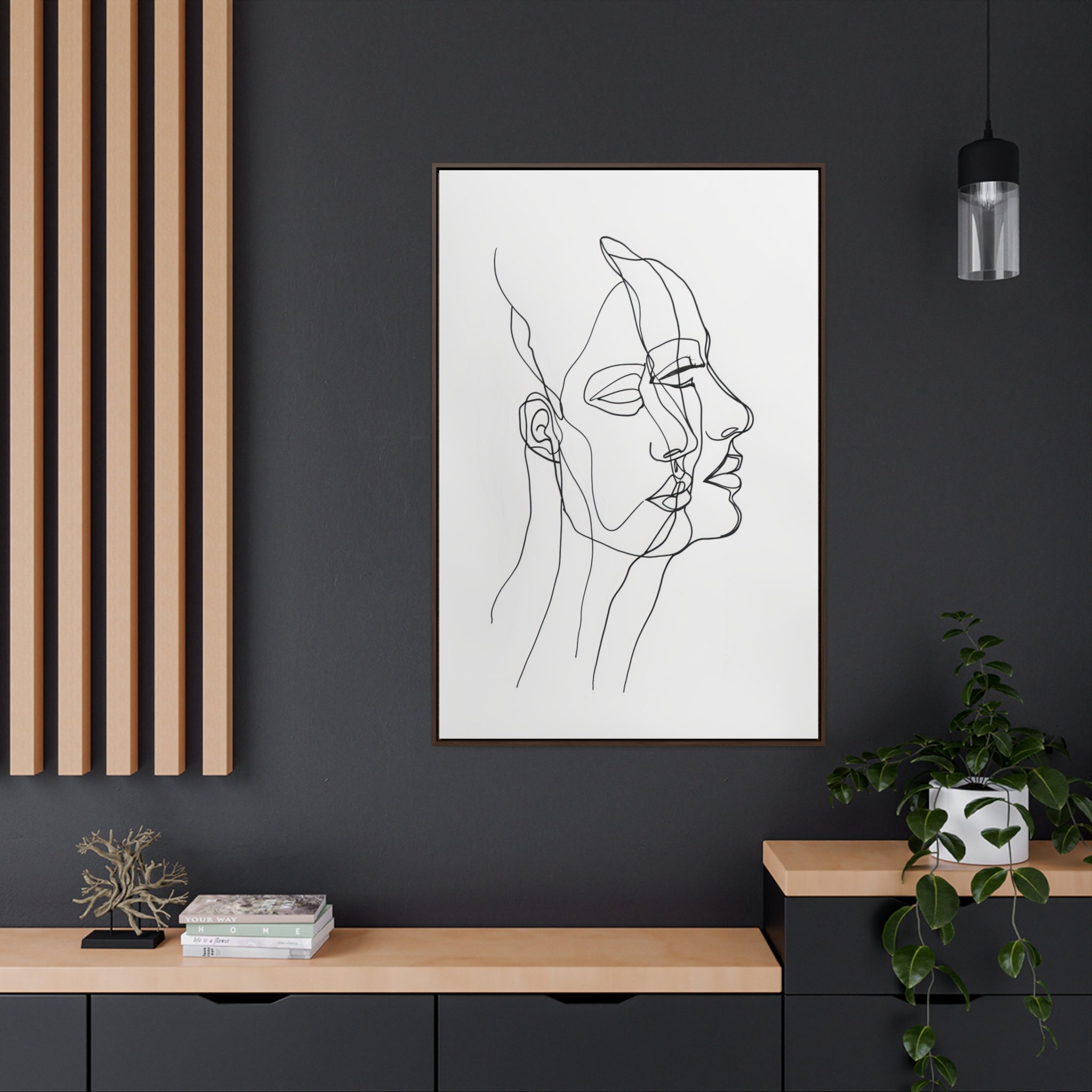 Abstract Two Faces Profile Line Drawing | Black Grey Ink | Framed ...