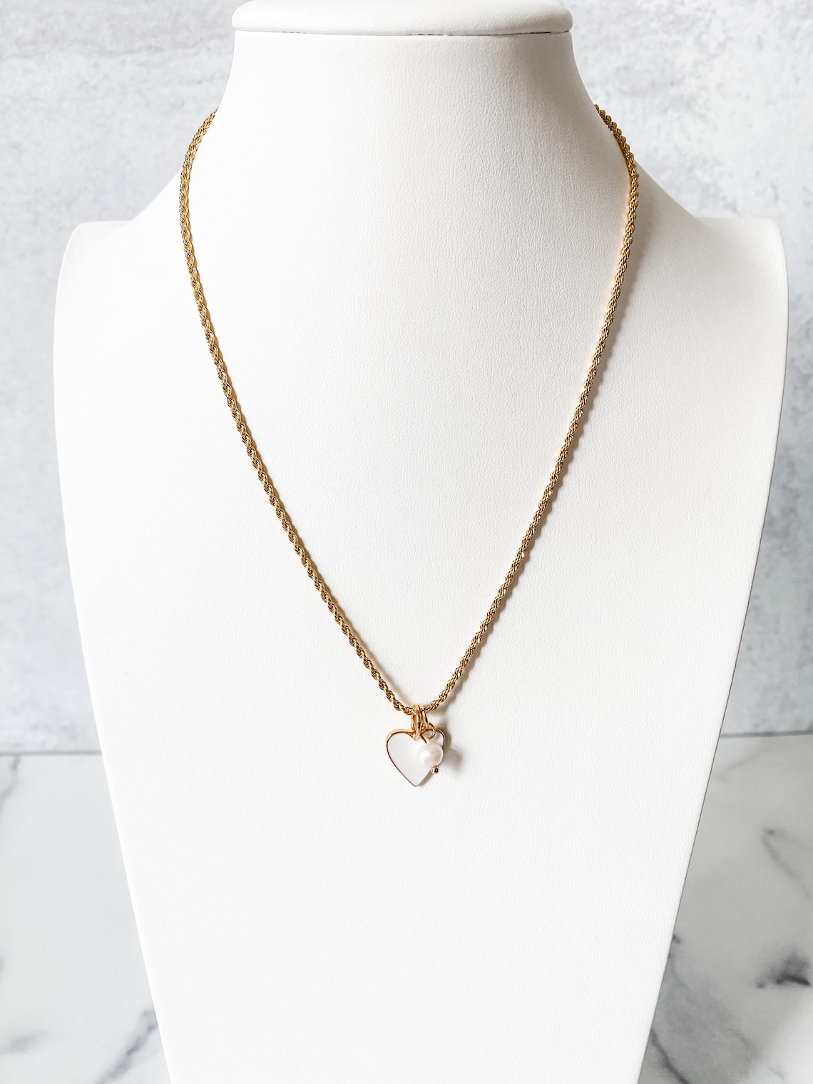 Heart Necklace Gold Filled Rope Chain Pearl and Gold - Etsy