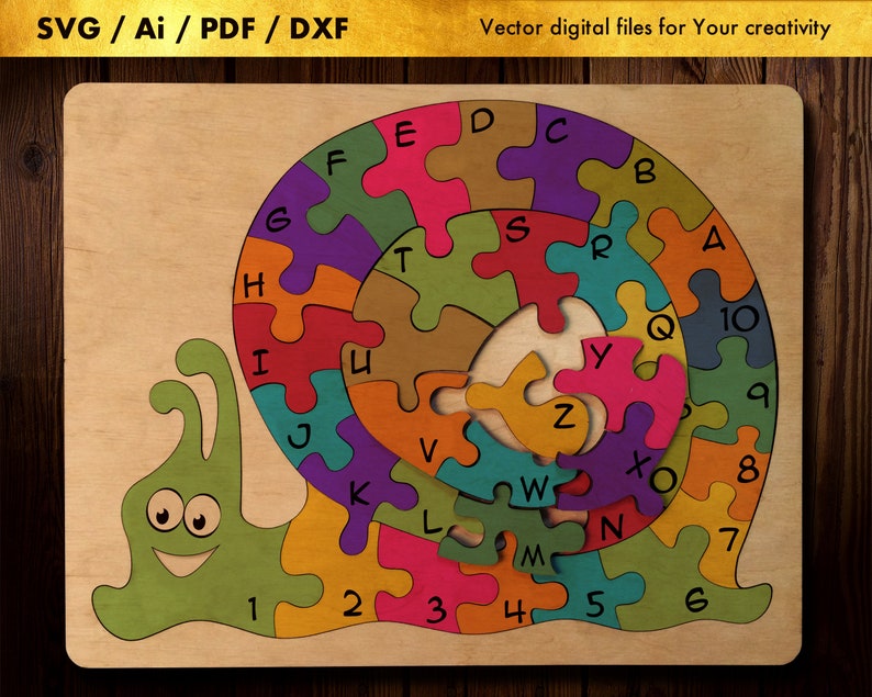 Puzzle Alphabet Snail. Laser Cut Vector File Ai PDF DXF SVG, for Laser ...